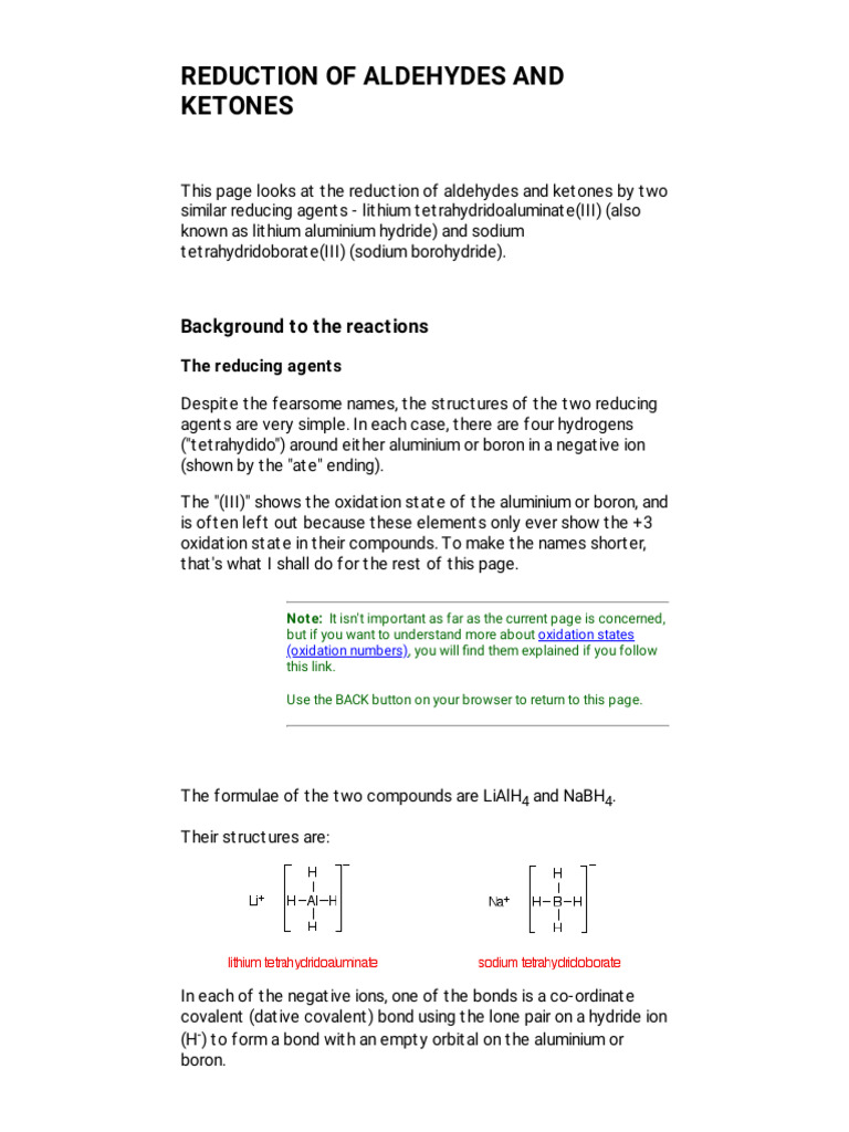 Reduction of Aldehydes and Ketones | PDF