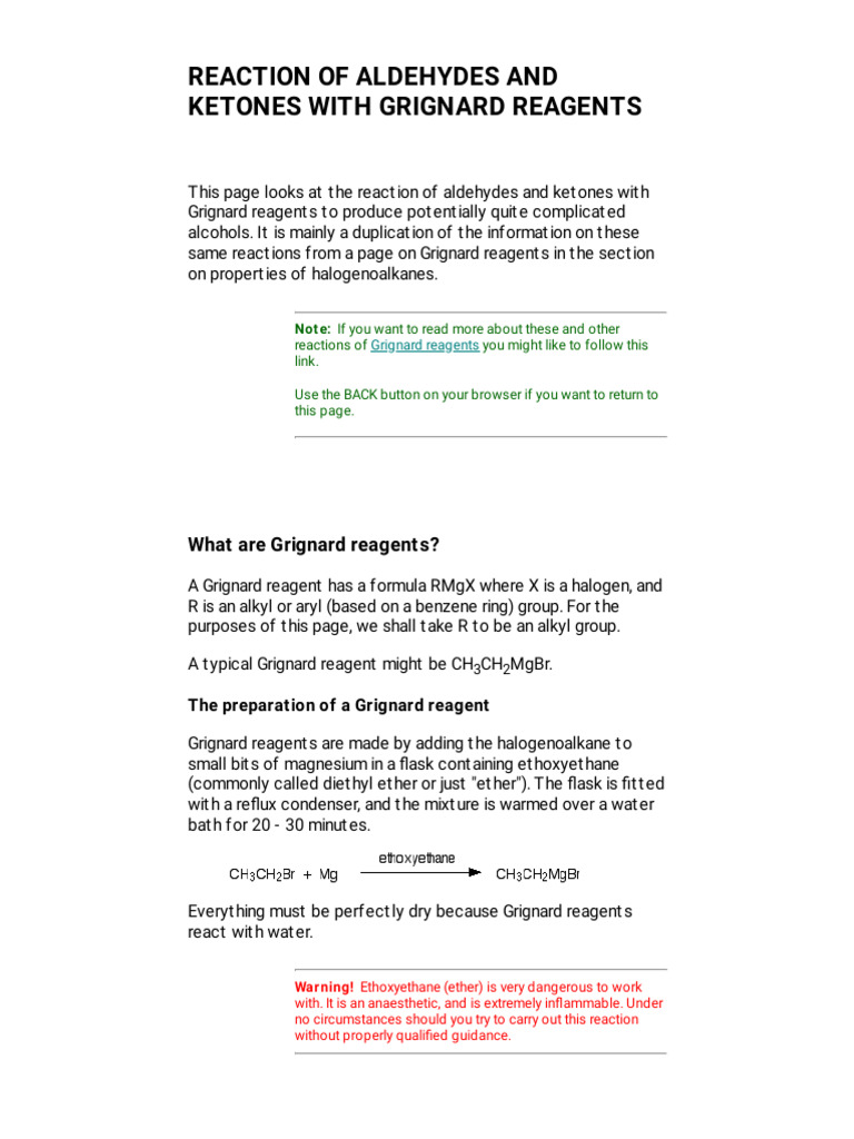 Aldehydes and Ketones With Grignard Reagents | PDF