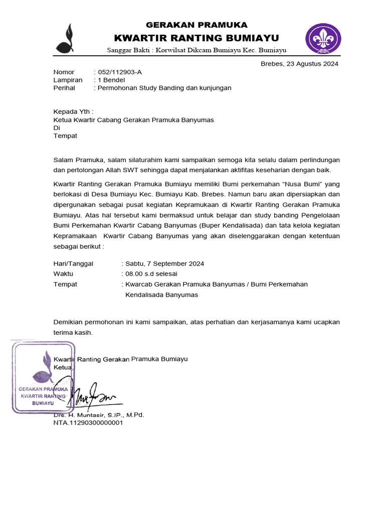 Surat Permohonan Study Banding Kwarran Bumiayu 2024 | PDF