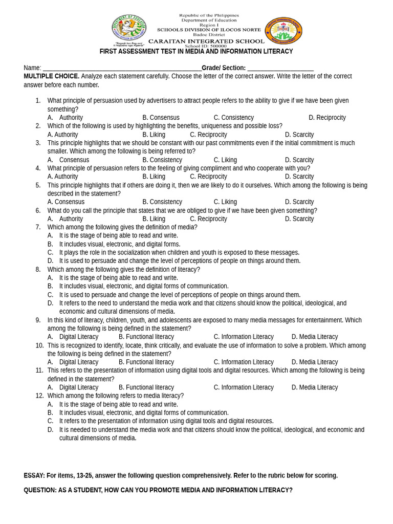 First Assessment Test in Media and Information Literacy | PDF ...