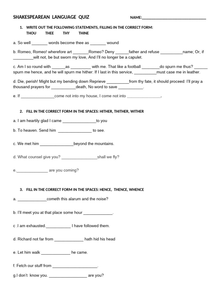 SHAKESPEAREAN LANGUAGE QUIZ | PDF