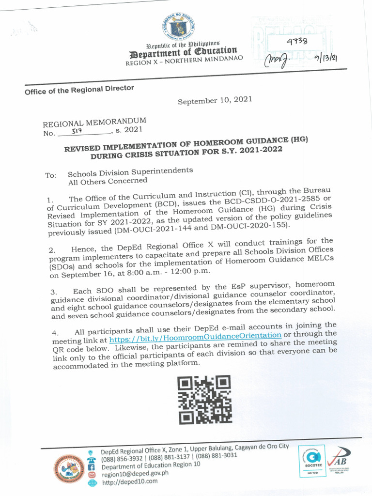RM - 517 - Revised Implementation of Homeroom Guidance HG During Crisis Situation For SY 2021 ...