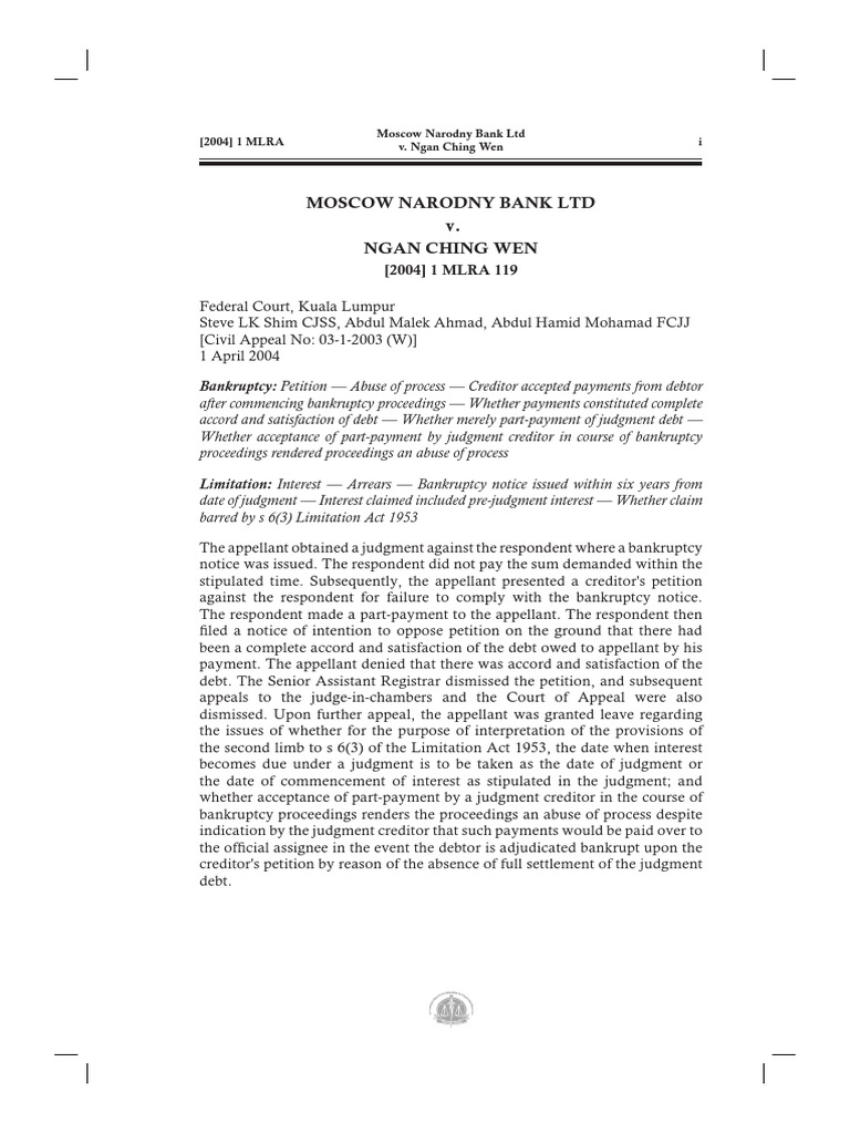 Moscow Narodny Bank LTD V Ngan Ching Wen (2004) 1 Mlra 119 | PDF