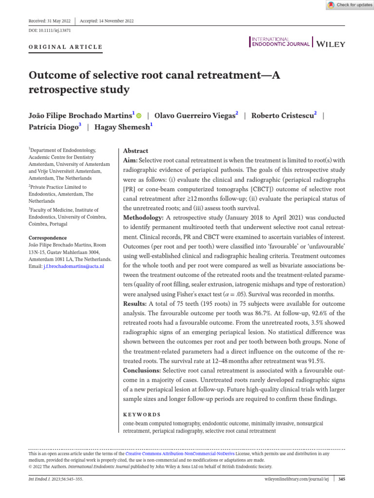 Int Endodontic J - 2022 - Brochado Martins - Outcome of Selective Root Canal Retreatment A ...