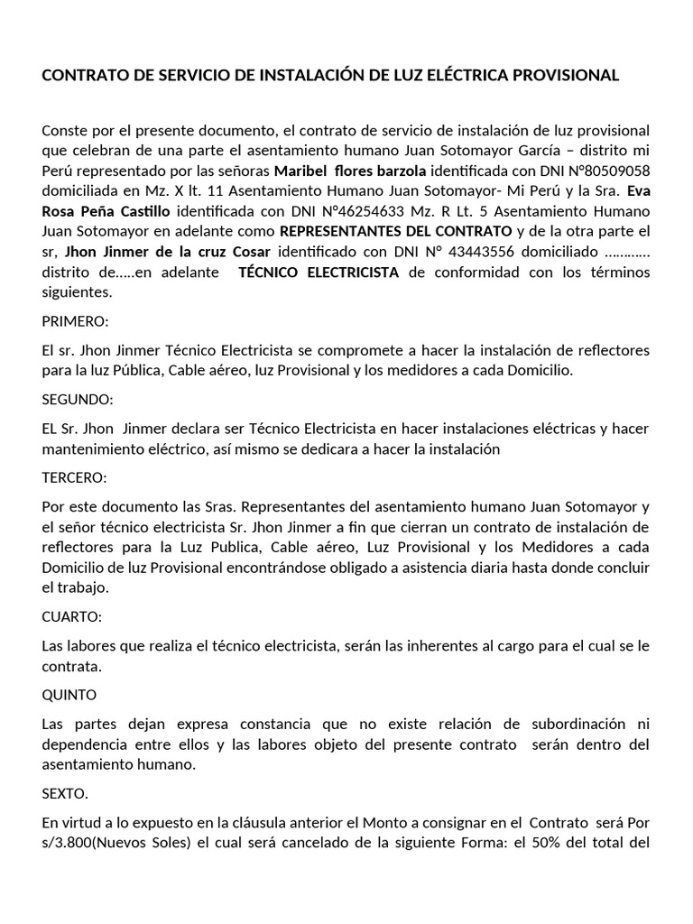Contrato de Servicio de Instalación de Luz Eléctrica Provisional | PDF
