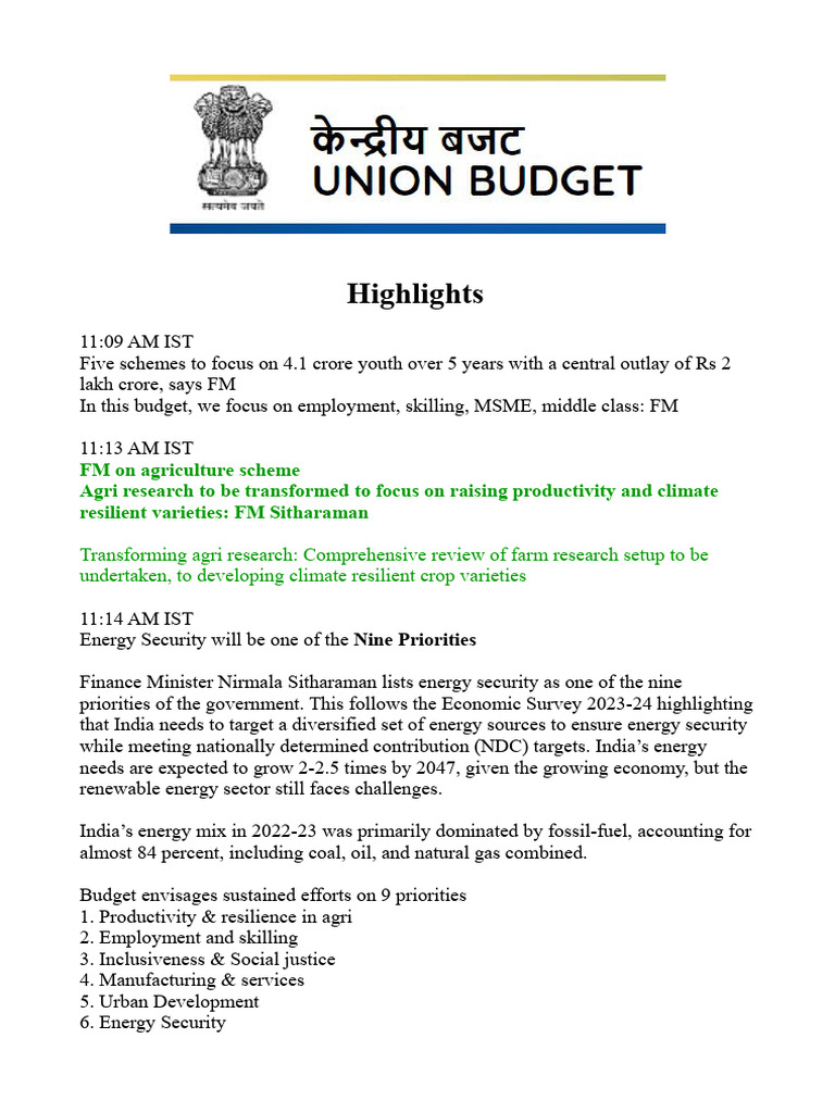 Budget Highlights 2024-25 | PDF