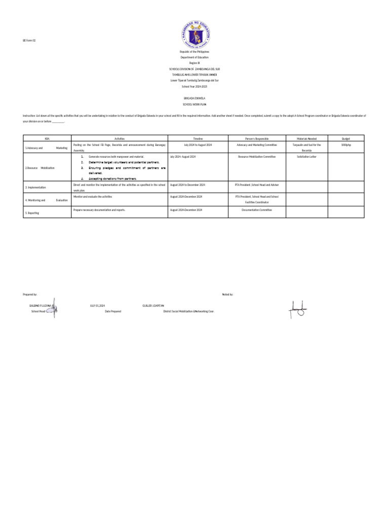 BE Form 2-SCHOOL WORK PLAN | PDF