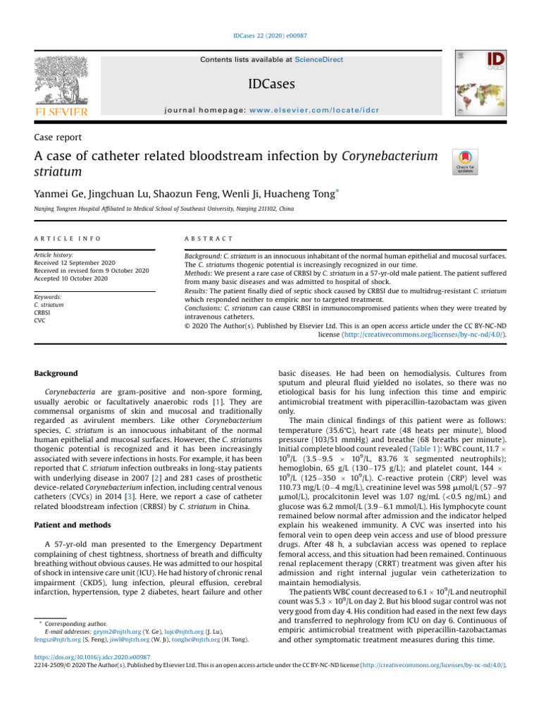 A Case of Catheter Related Bloodstream Infection by Corynebacteri 2020 ...