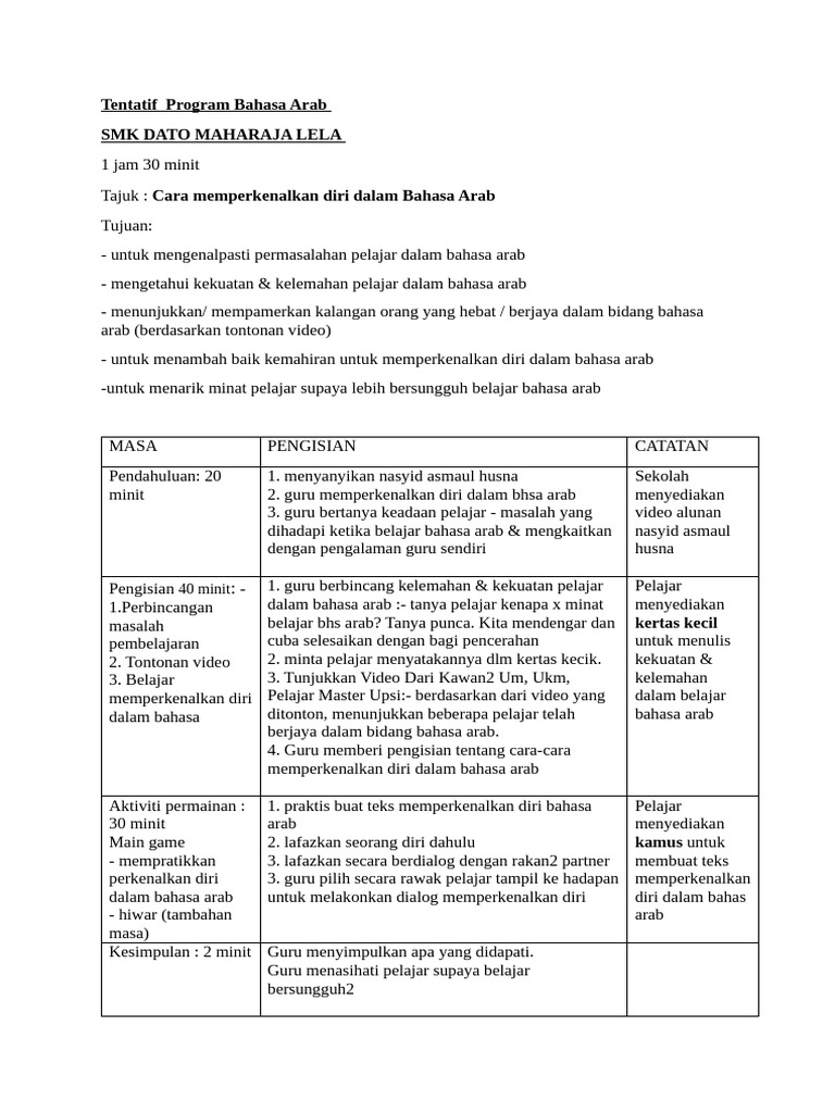 Tentatif Program Bahasa Arab | PDF