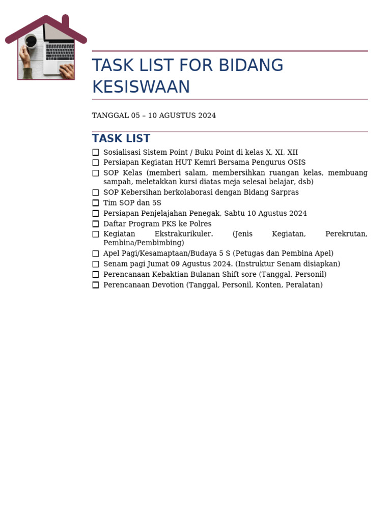 DAFTAR CHECK LIST KESISWAAN 05 - 10 Agt 2024 | PDF