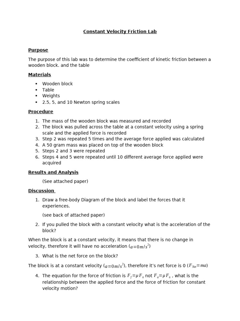 Constant Velocity Friction Lab - Physics 11 | PDF