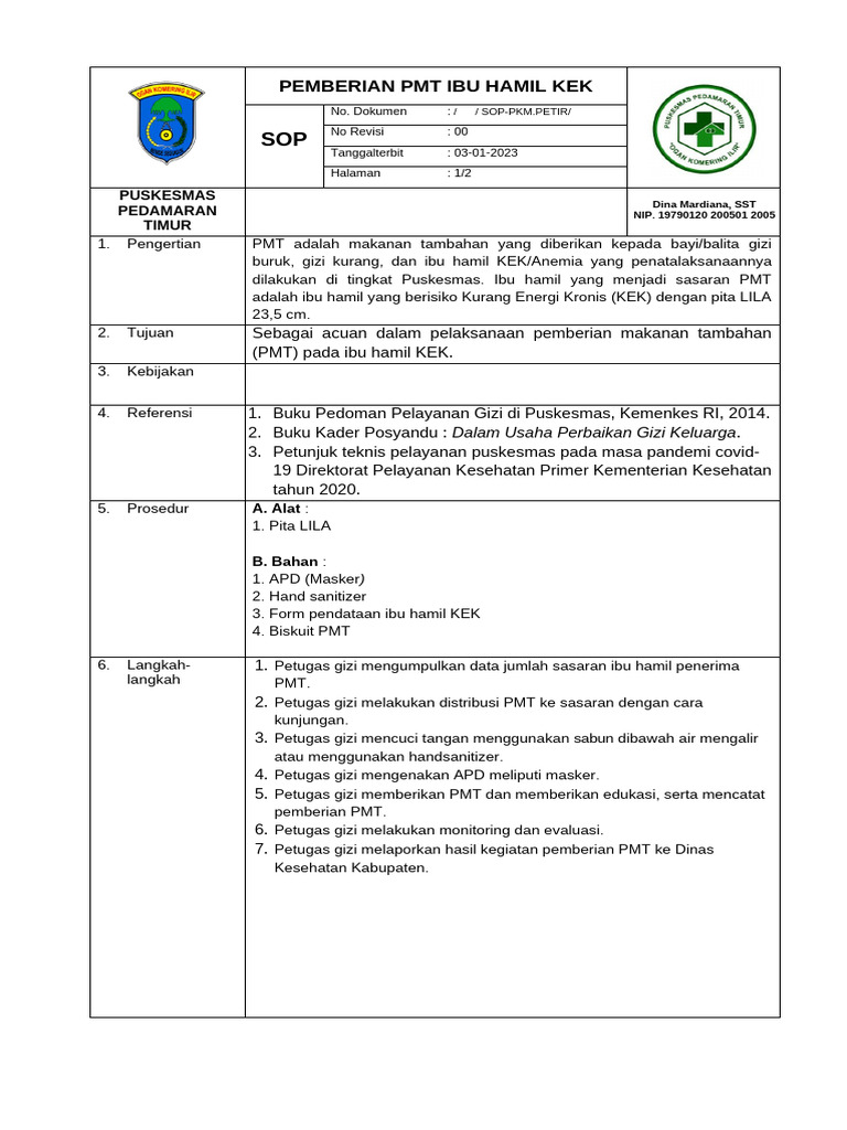 Sop Pemberian PMT Bumil Kek | PDF