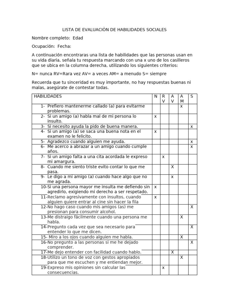 Lista de Evaluaciòn de Habilidades Sociales | PDF