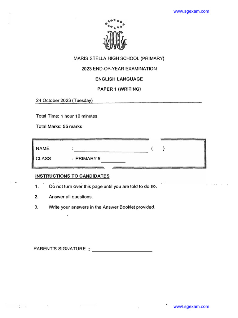 2023-P5-English-End Of Year Exam-Maris Stella | PDF