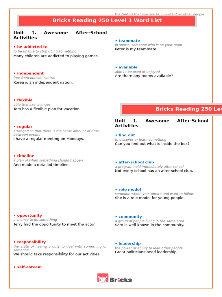 Bricks Reading 250 - L1 - Word List - Eng | PDF