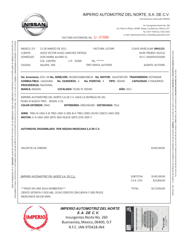 Factura Nissan Origen | PDF