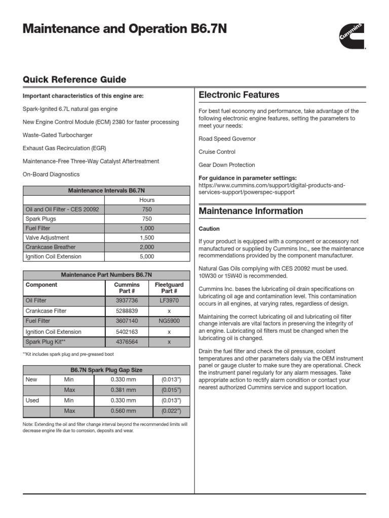 Maintenance and Operation B6.7N: Quick Reference Guide | PDF