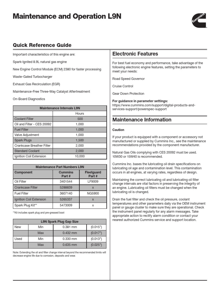 Maintenance and Operation L9N: Quick Reference Guide | PDF
