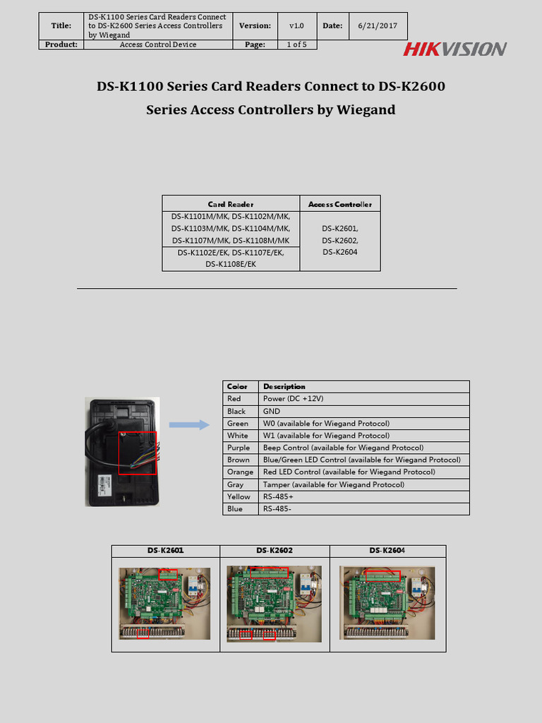 DS-K1100 Series Card Readers Connect To DS-K2600 Series Access Controllers by Wiegand | PDF
