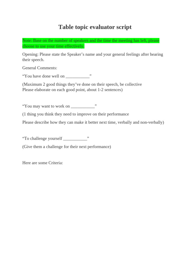 Table Topic Evaluator Script | PDF