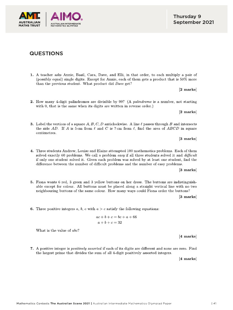 AIMO Past Paper-2021 | PDF