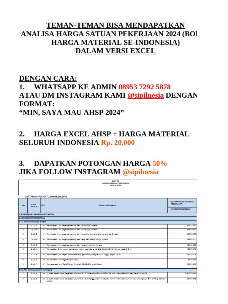 Analisa Harga Satuan Pekerjaan Tahun 2024 | PDF