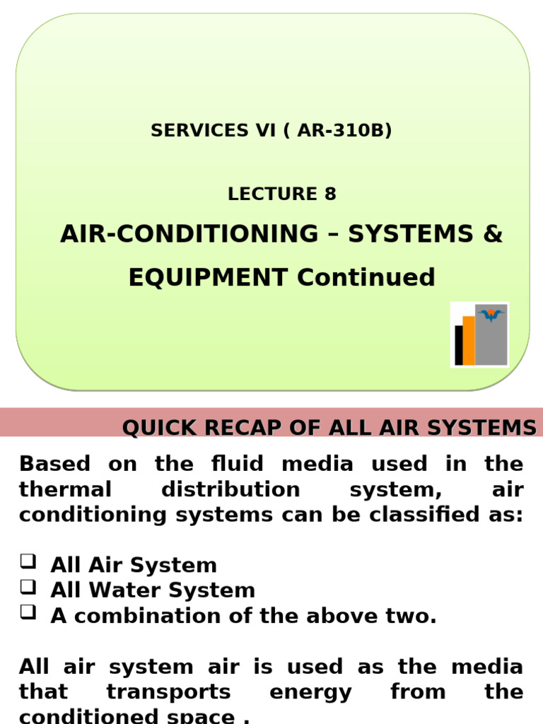Lecture 8 Air Conditioning - Systems - Equipment Continued | PDF