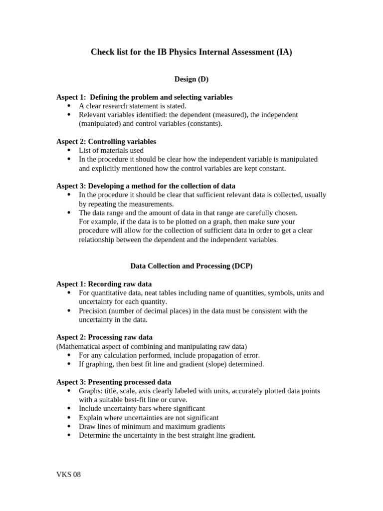 Check List For The IB Physics Internal Assessment | PDF