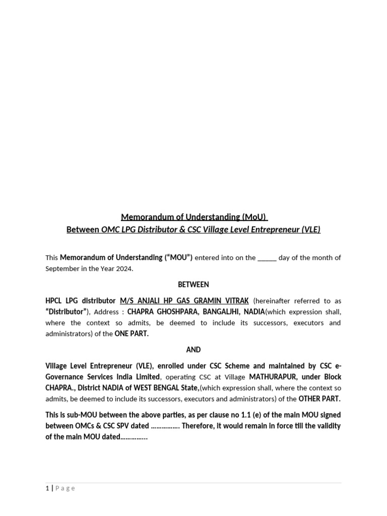 Sample of MOU Between CSC-VLE and Distributor | PDF