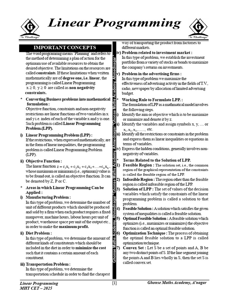 Linear Programming MHT CET - 2025 | PDF