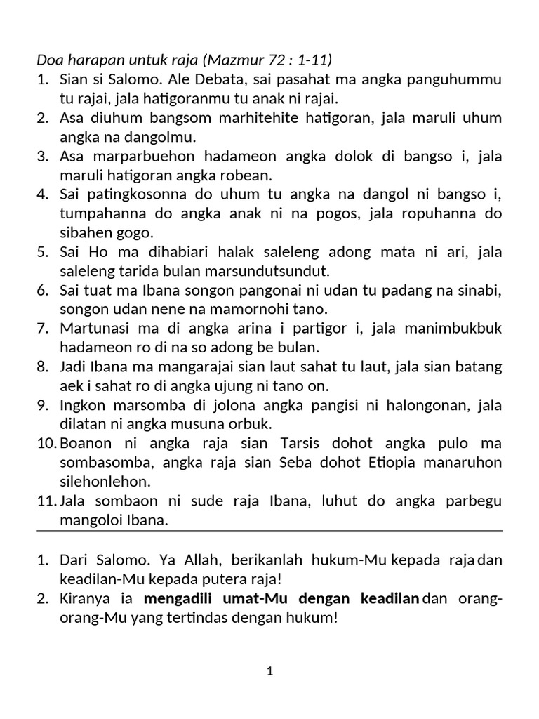 Doa Harapan Untuk Raja Mazmur 72 1-11 | PDF