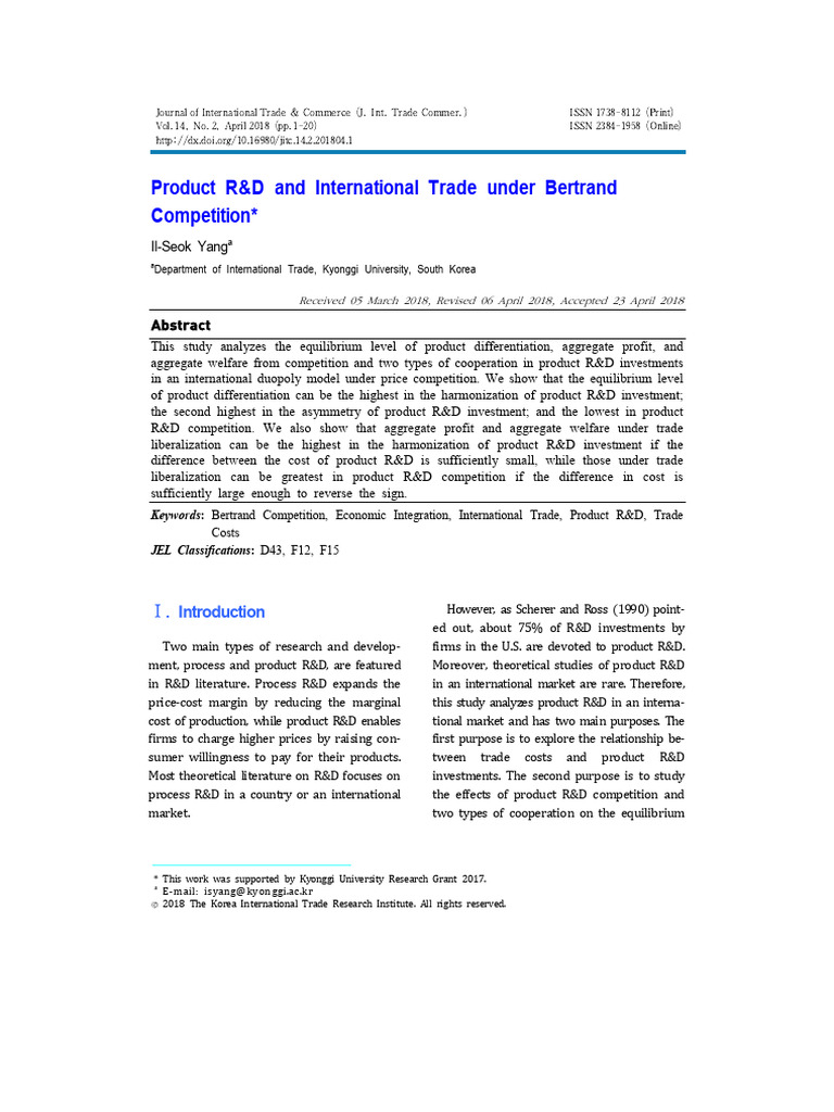 (논문) Product R&D and International Trade under Bertrand Competition | PDF