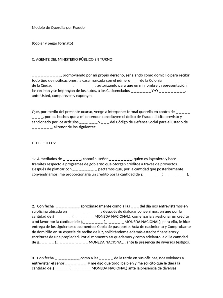 Modelo de Querella Por Fraude | PDF | Queja | Fraude