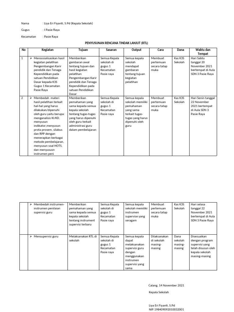 RTL Pelatihan Kepala Sekolah (Liya EF.) | PDF