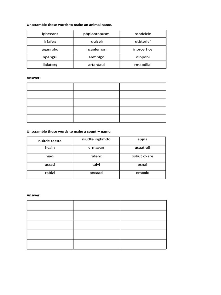 Unscramble these words to make an animal name | PDF