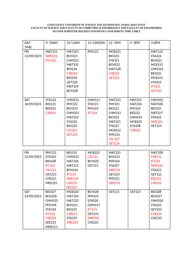 2ND Semester Ca Timetable F | PDF