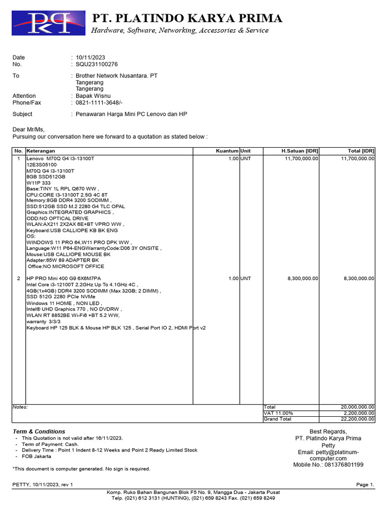 Penawaran Harga Mini PC Lenovo Dan HP | PDF