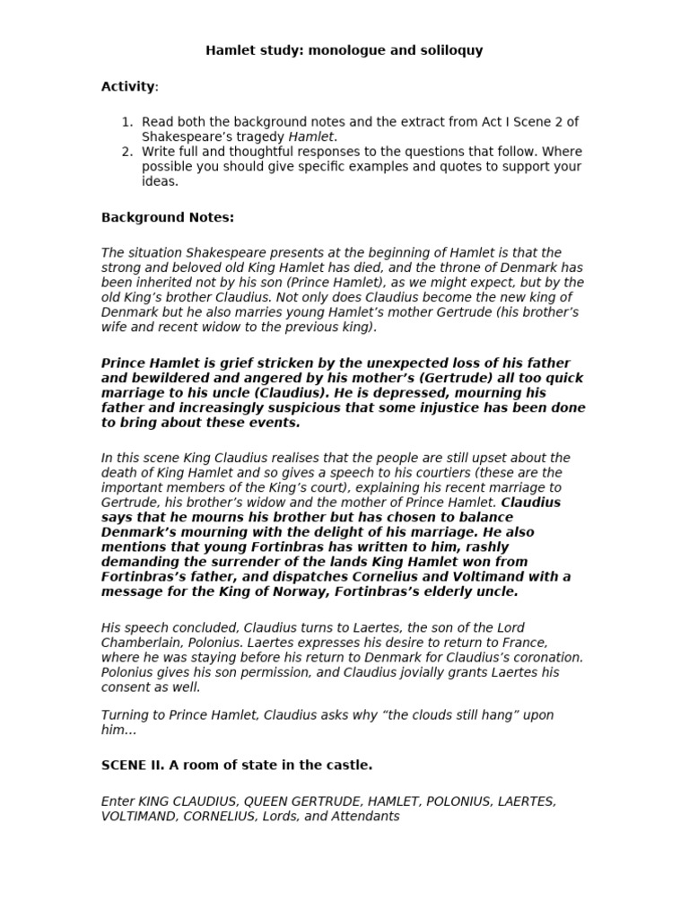 Hamlet Study - Monologue and Soliloquy - 2024 | PDF