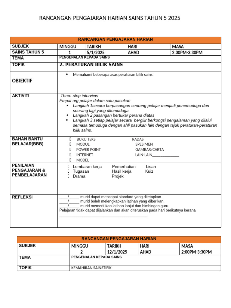 RPH Sains Tahun 5 Doc | PDF