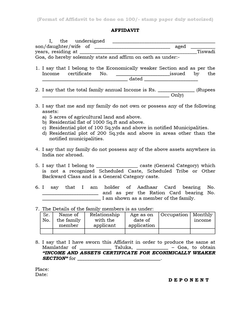 Affidavit - For - Income - Certificate (EWS) | PDF