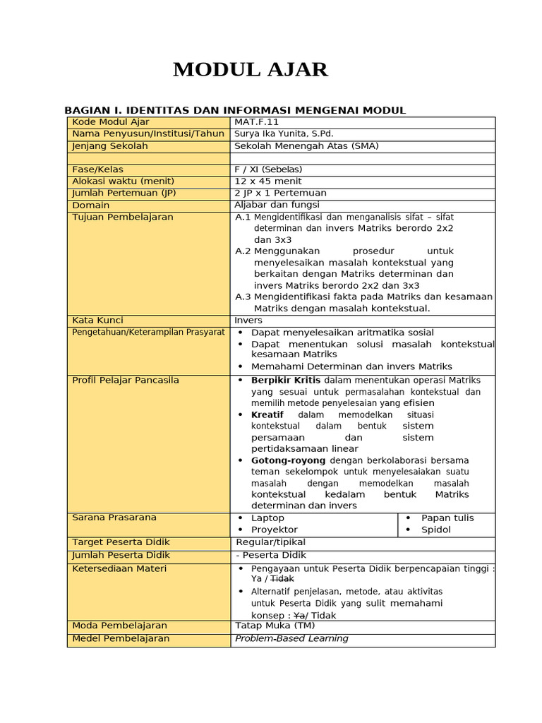 Modul Ajar Matriks Kelas 11 Kurikulum Merdeka | PDF