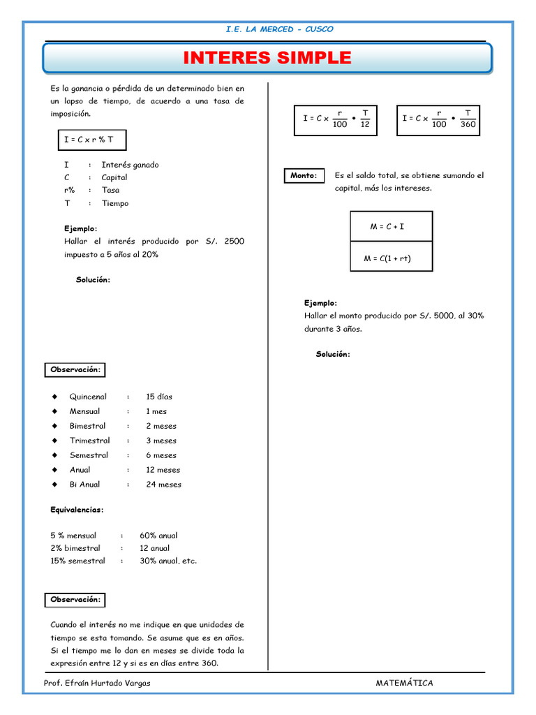 Problemas de Interes Simple para Cuarto de Secundaria | PDF