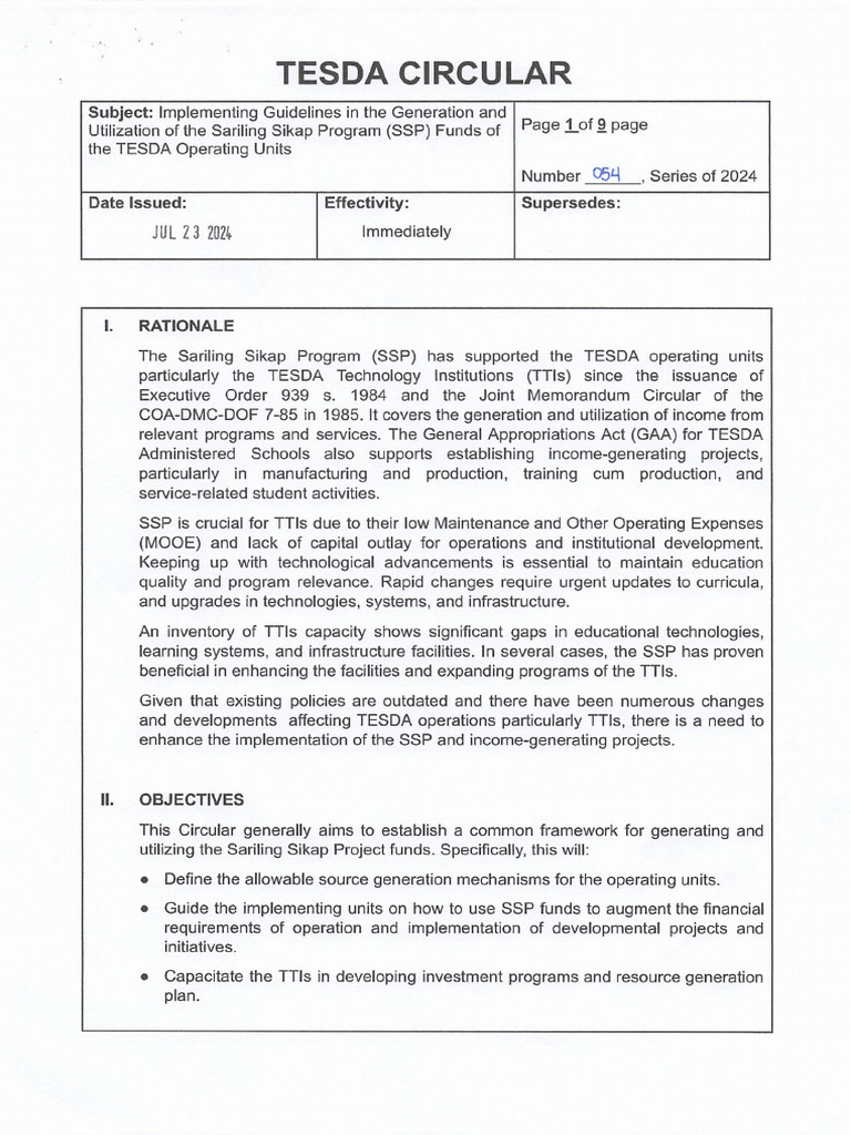 TESDA Circular No. 054-2024 | PDF