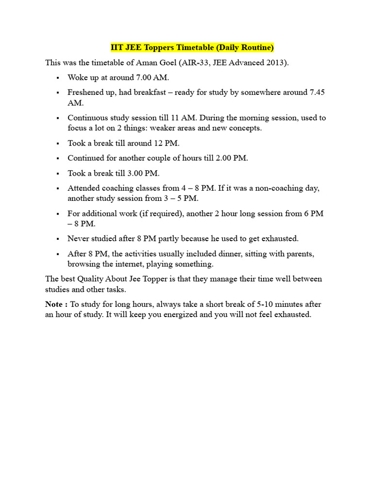 IIT JEE Toppers Timetable | PDF