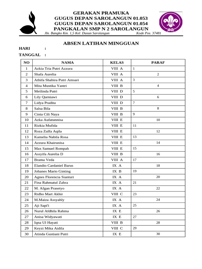 Absen Kehadiran Latihan Pramuka SMP 2 SRL 2024 | PDF