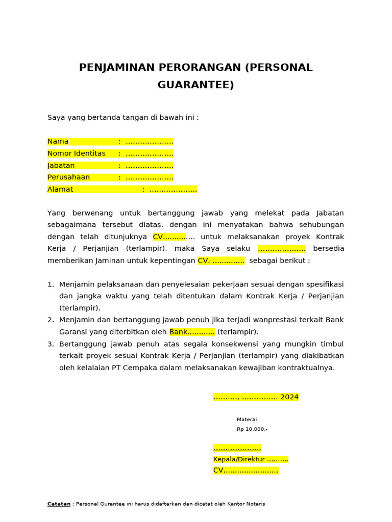 Personal Guarantee_cv. Gitrys Karya Indonesia | PDF