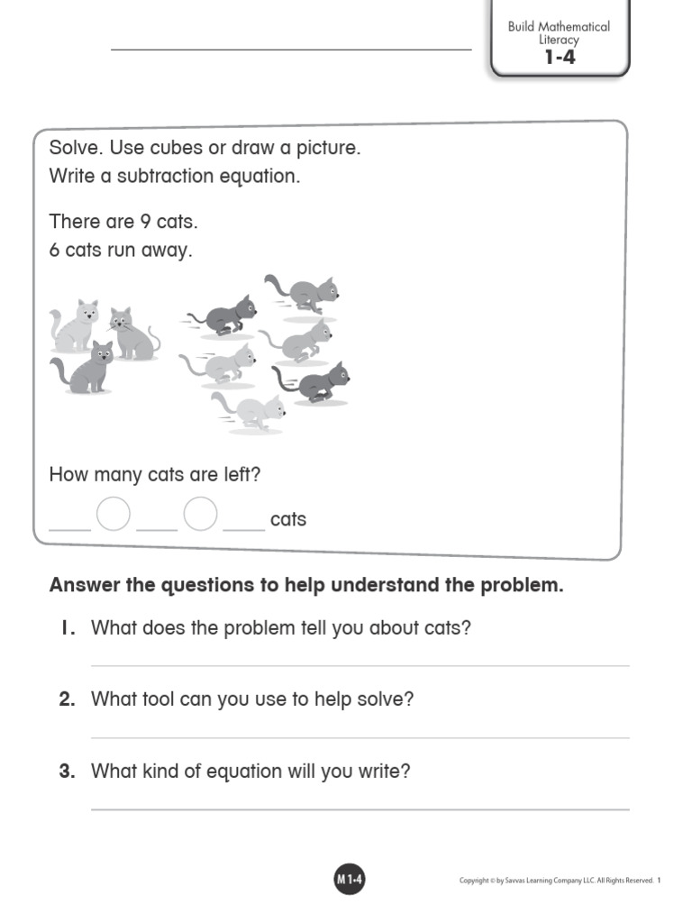 Solve. Use Cubes or Draw A Picture. Write A Subtraction Equation. There ...