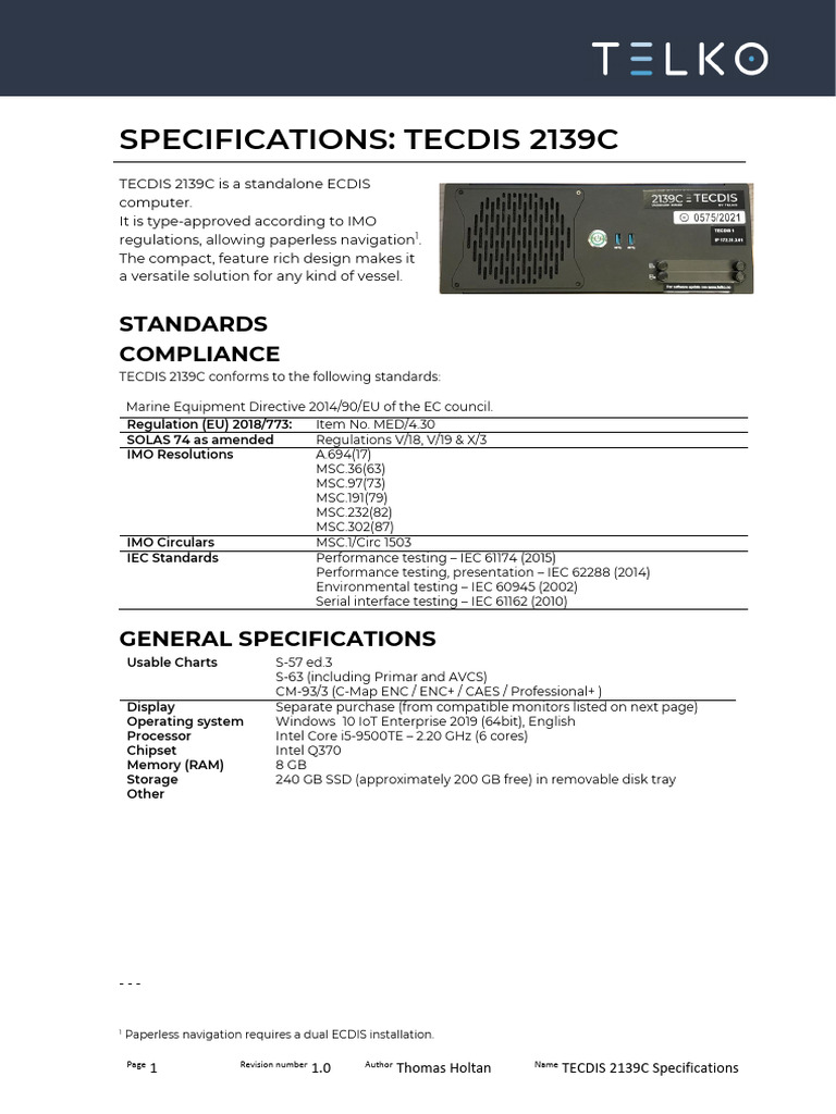 TECDIS 2139C ECDIS Specifications | PDF | Electronics | Computers