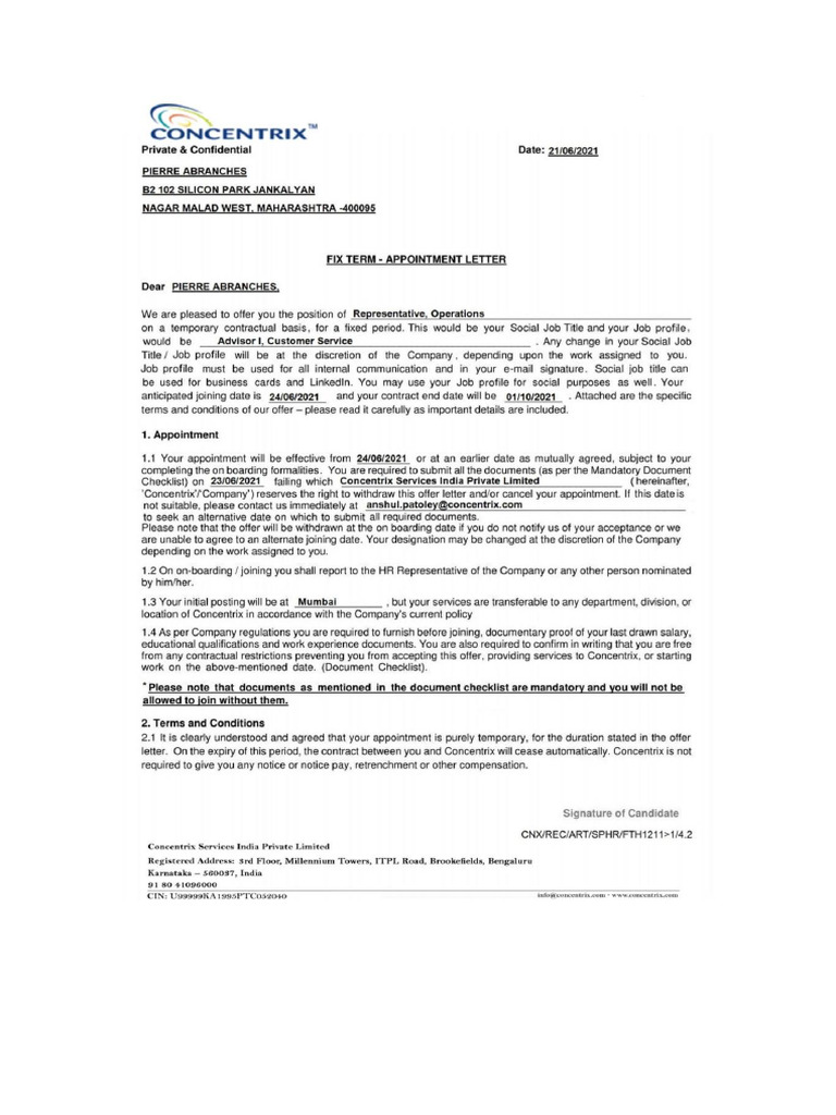 Offer Letter Tybms B 3101 Abranches Pierre | PDF