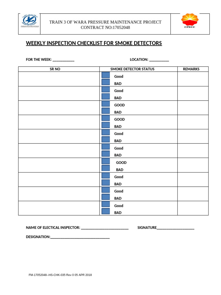 WEEKLY INSPECTION CHECKLIST FOR SMOKE DETECTOR | PDF